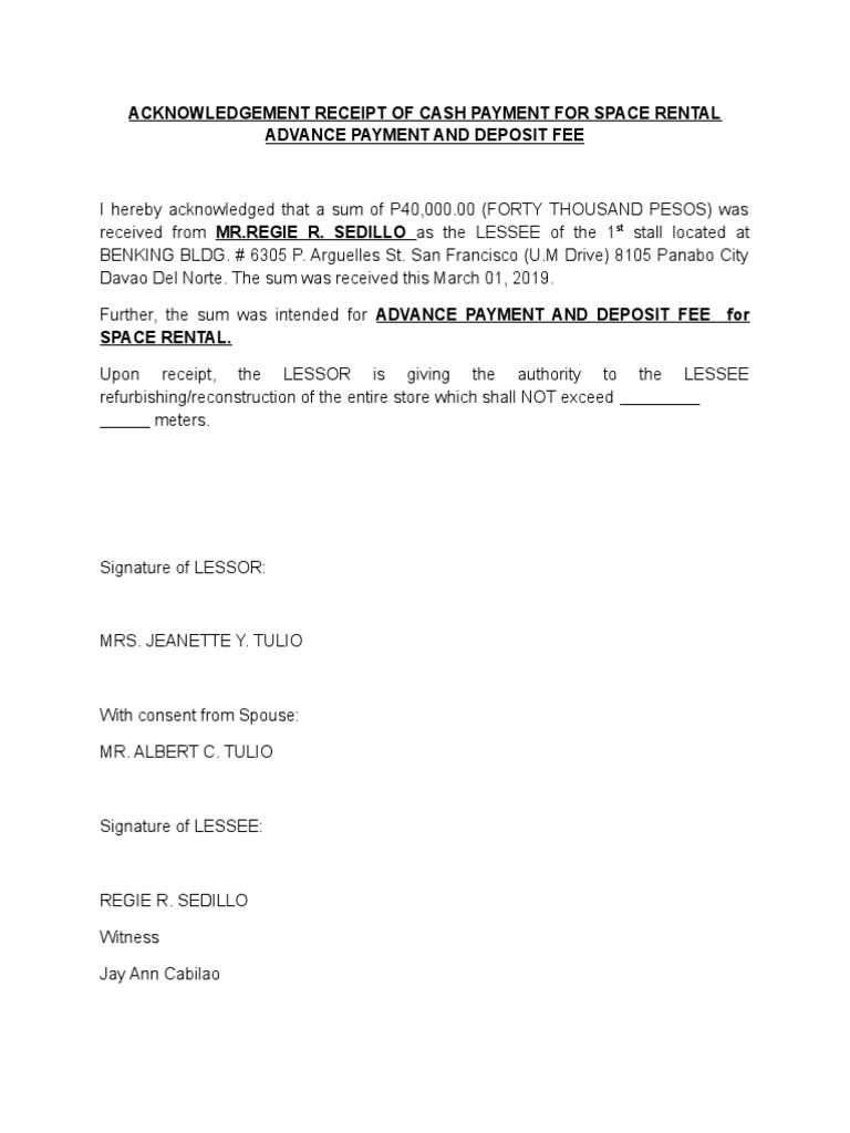 Acknowledgement Receipt of Cash Payment For Space Rental | PDF