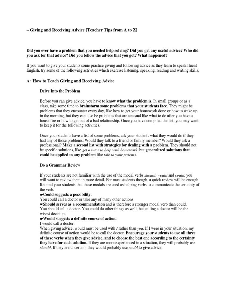 Giving and Receiving Advice | PDF | Homework | Psychological Concepts