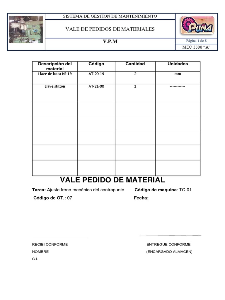 Vale Pedido de Material | Equipo | Electricidad