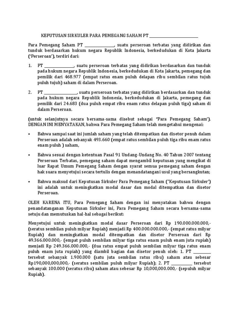 Keputusan Sirkuler para Pemegang Saham | PDF