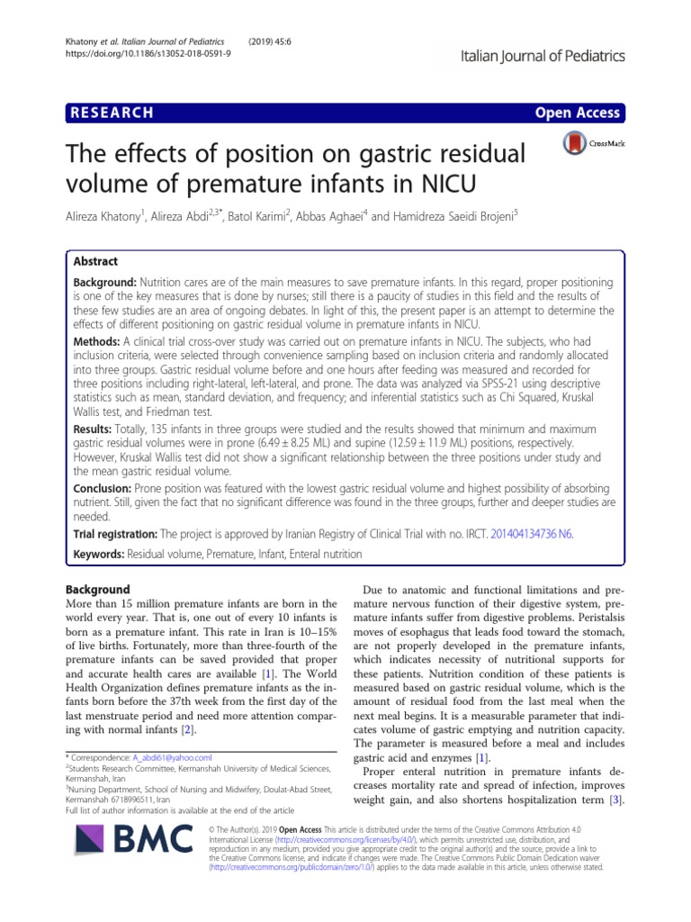 The Effects of Position On Gastric Residual Volume of Premature Infants ...