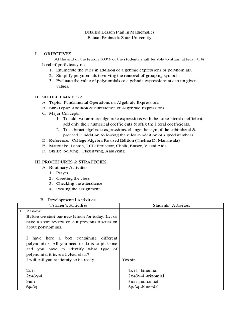 Detailed Lesson Plan in Mathematics (Algebra) | PDF | Polynomial ...