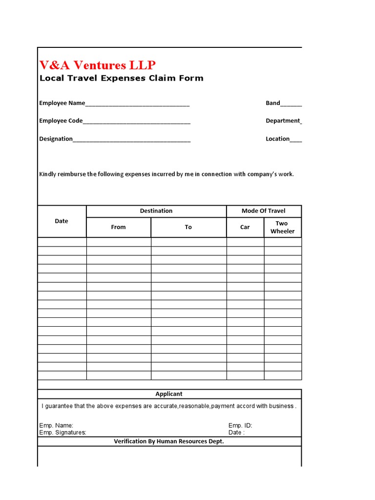 V&A Ventures LLP: Local Travel Expenses Claim Form | PDF