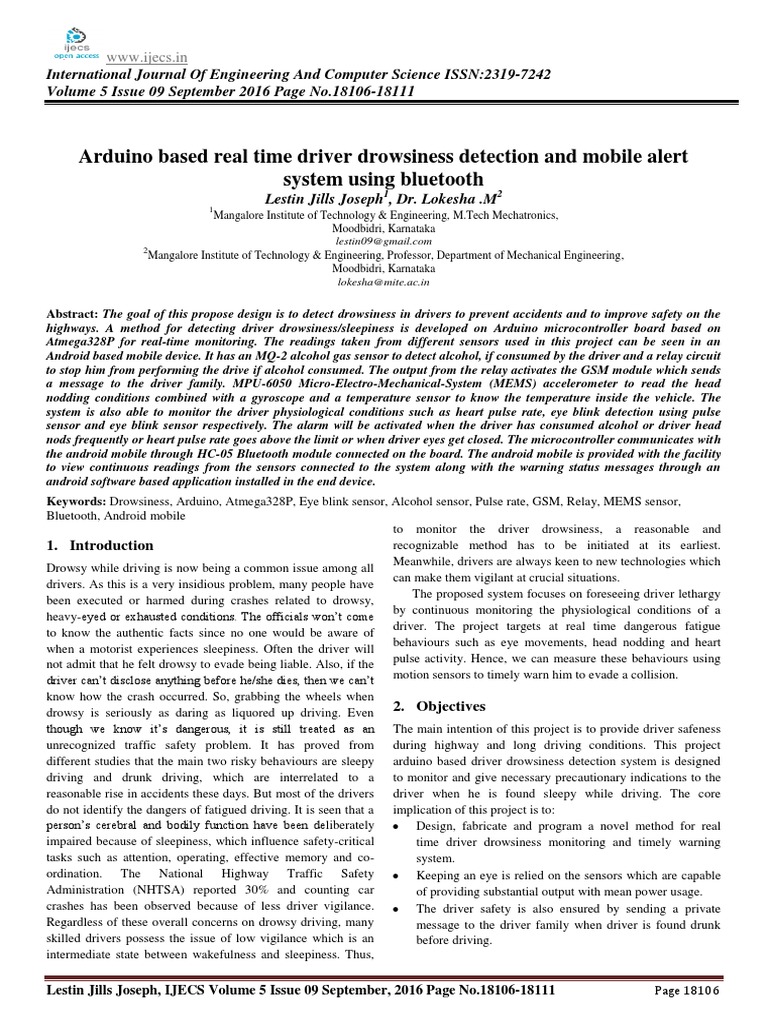 Arduino Based Real Time Driver Drowsiness Detection And Mobile Alert System Using Bluetooth