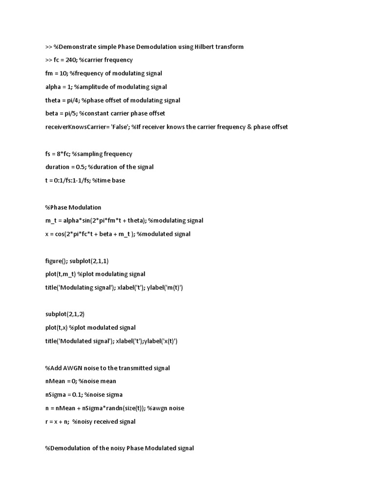 Demonstrate Simple Phase Demodulation Using Hilbert Transform | PDF | Modulation | Frequency ...