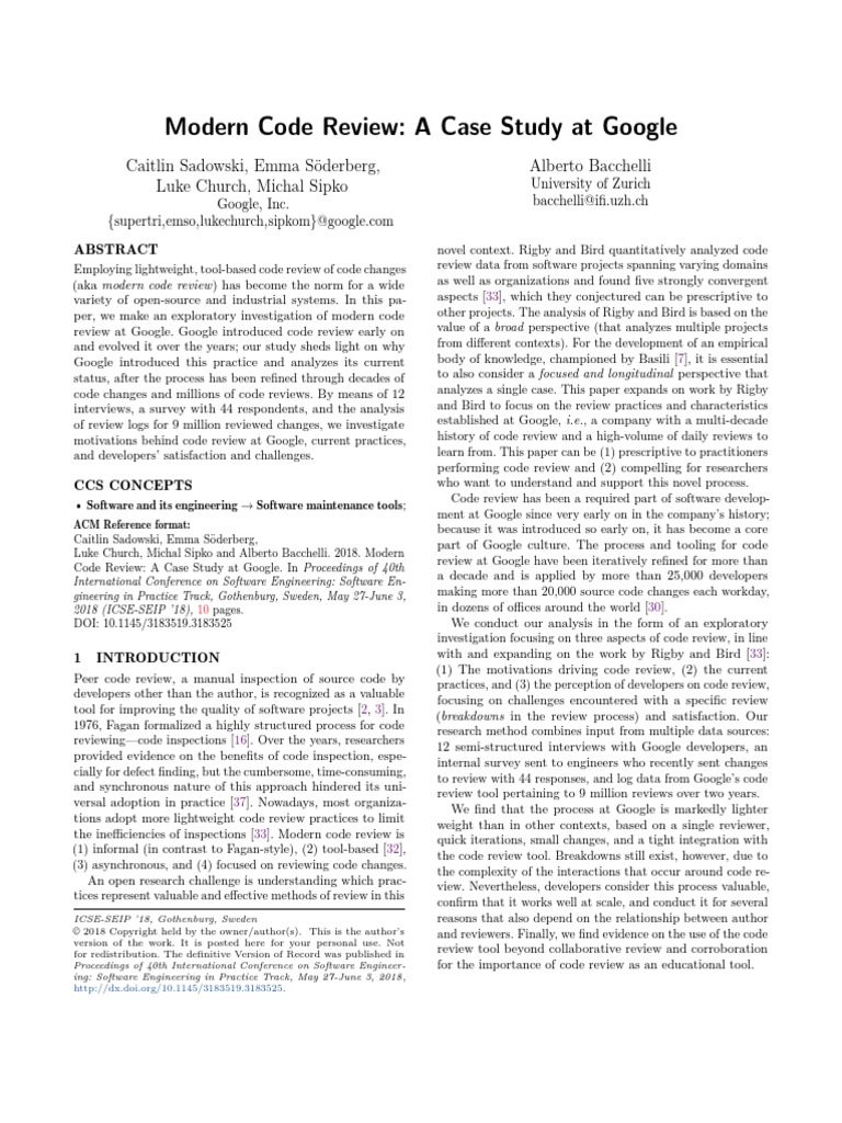 Modern Code Review: A Case Study at Google: Caitlin Sadowski, Emma ...