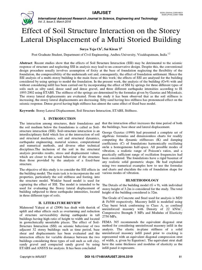 Effect of Soil Structure Interaction On The Storey Lateral Displacement of A Multi Storied ...