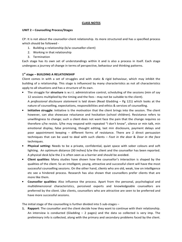 Class Notes UNIT 2 - Counselling Process/Stages | PDF | Psychotherapy ...