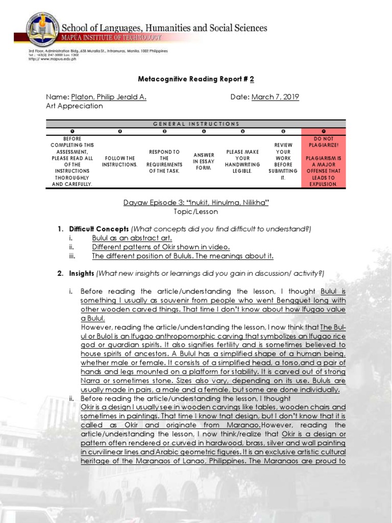 Metacognitive Reading Report 2 | PDF