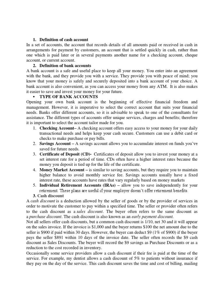 Definition of Cash Account | PDF | Discounts And Allowances | Debits ...