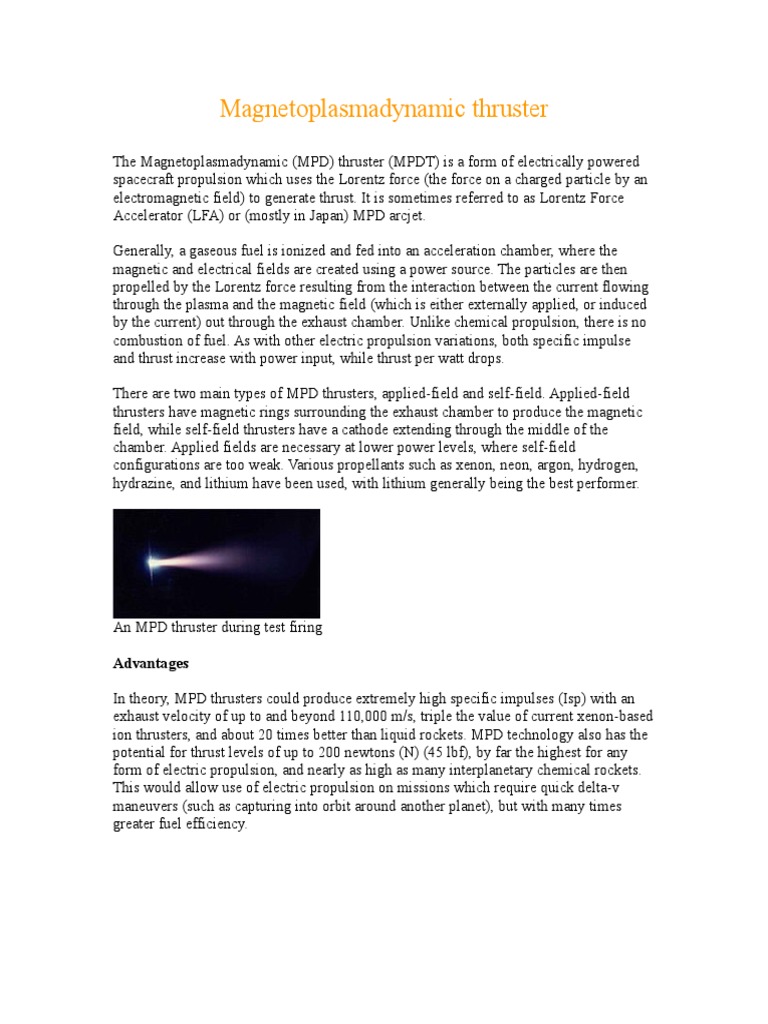 Magnetoplasmadynamic Thruster | PDF | Spacecraft Propulsion | Astronautics