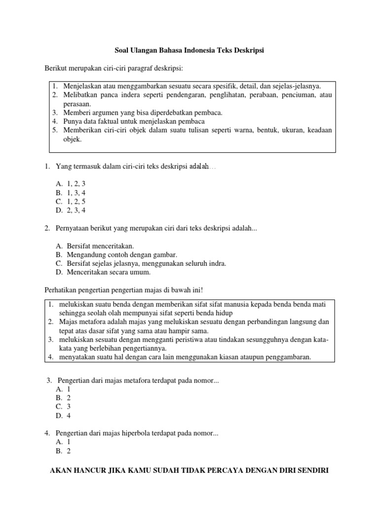 Soal Teks Deskripsi Kelas 7 | PDF | Kajian Bahasa Asing