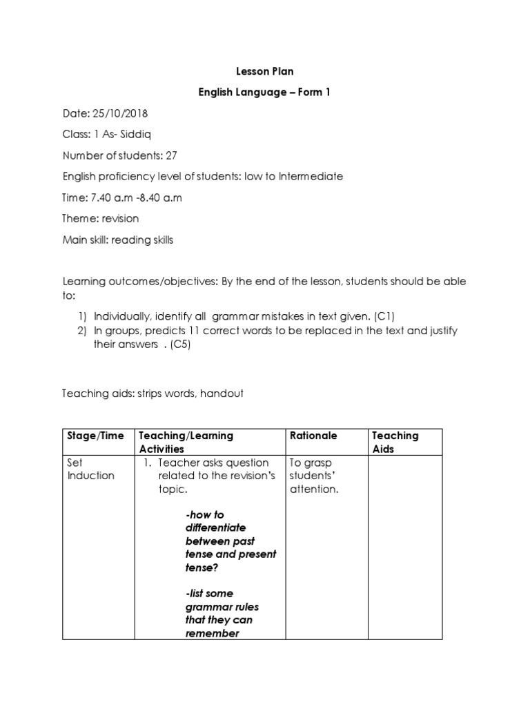 Lesson Plan English Language - Form 1 | PDF | Question | Teachers