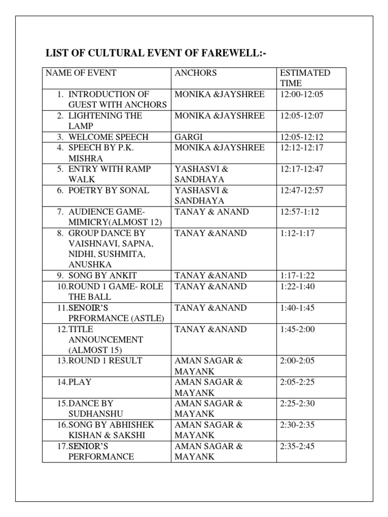 Cultural Events List for Farewell | PDF | Leisure