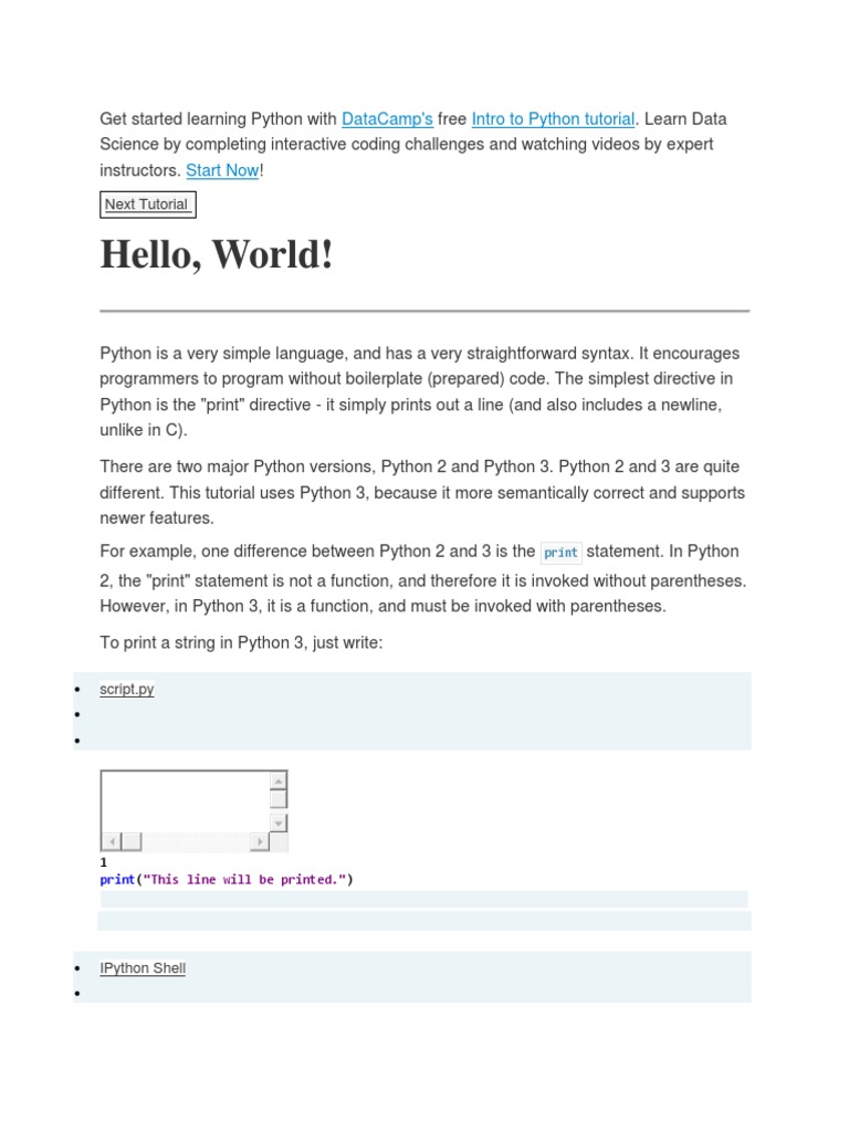 Hello, World!: Datacamp'S Intro To Python Tutorial | PDF