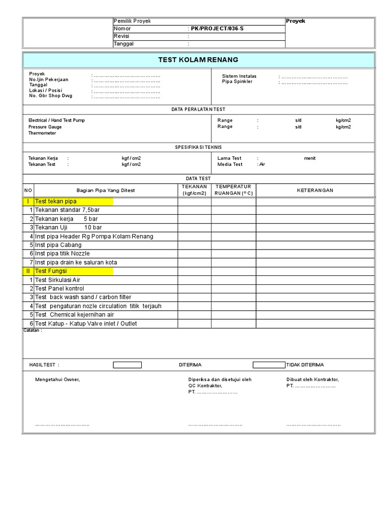 Form - Test Kolam Renang | PDF