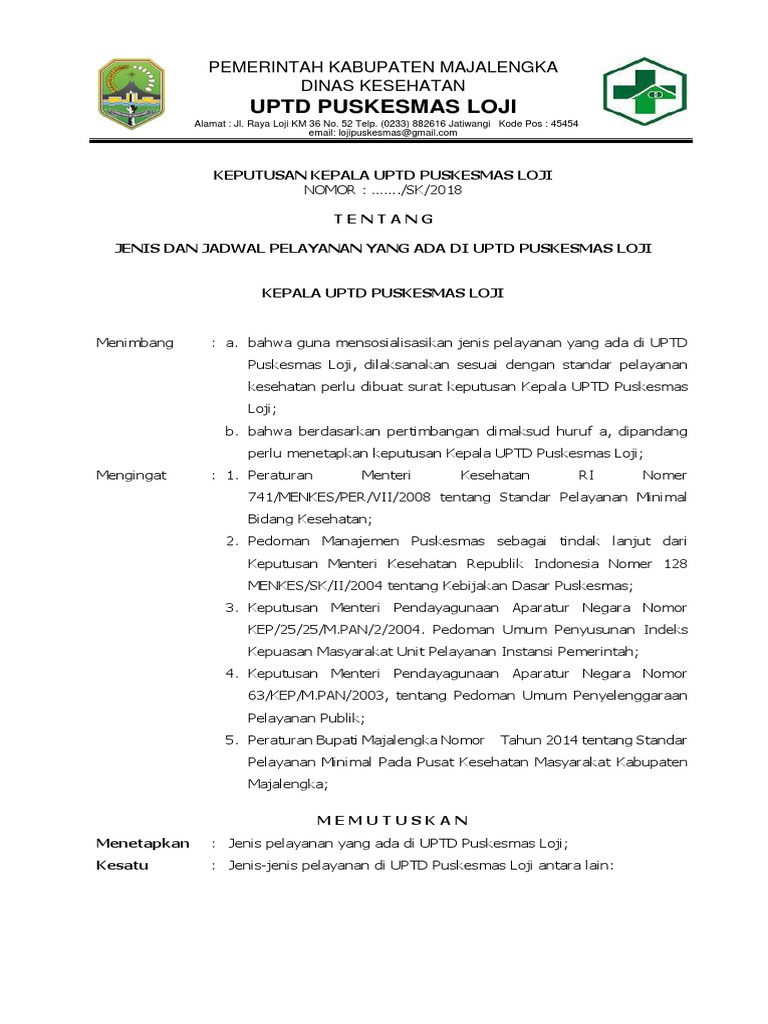 Jenis Dan Jadwal Pelayanan Puskesmas | PDF