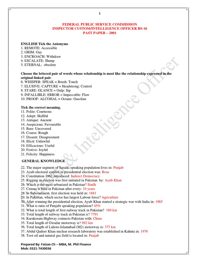 PAST PAPER Custom Inspector - 2001 | PDF | Pakistan | Nature