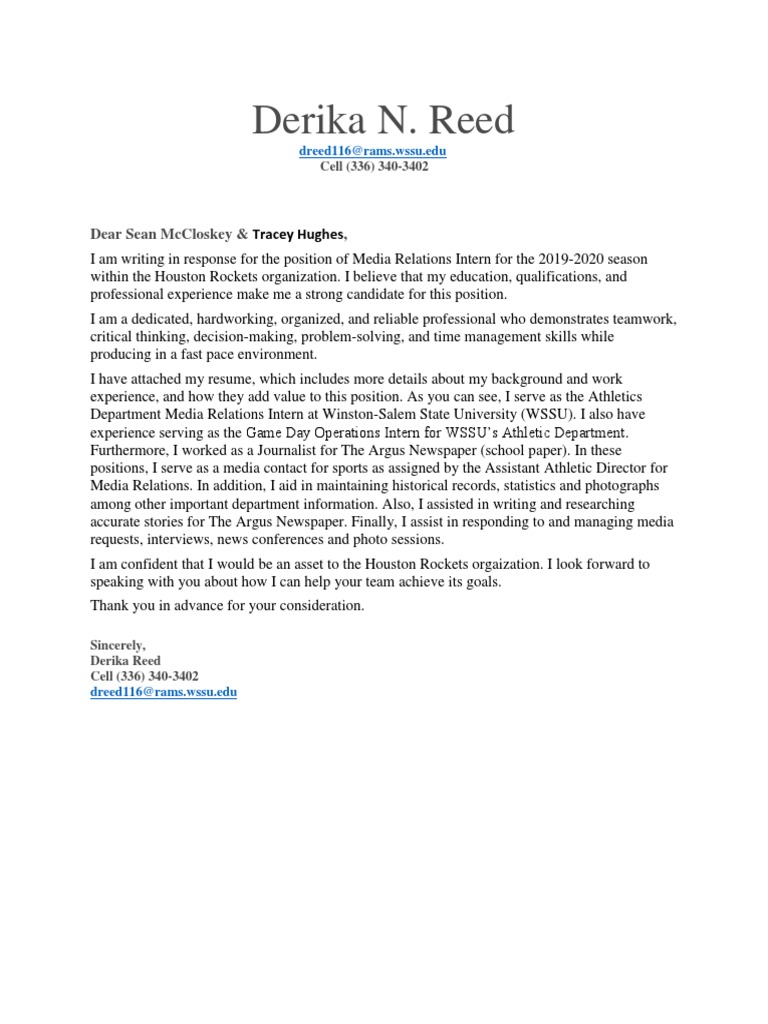 Derika Reed Cover Letter 2 | PDF