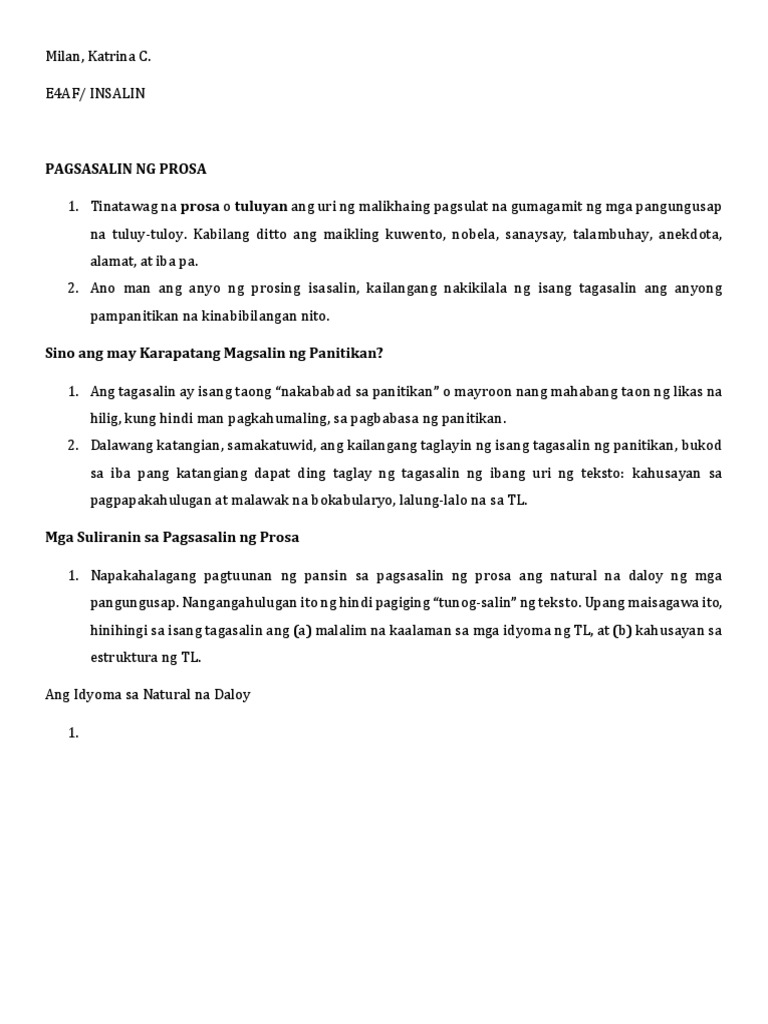 Pagsasalin NG Prosa | PDF