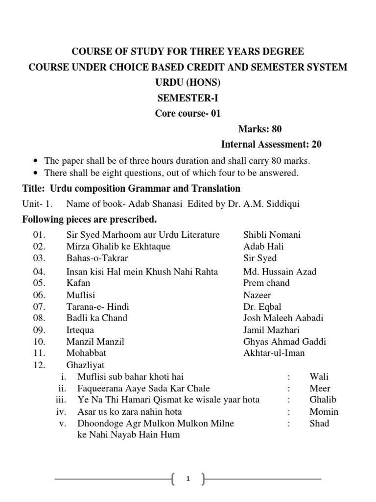 BA Urdu Honours Course Syllabus | PDF | Urdu | Indian Literature