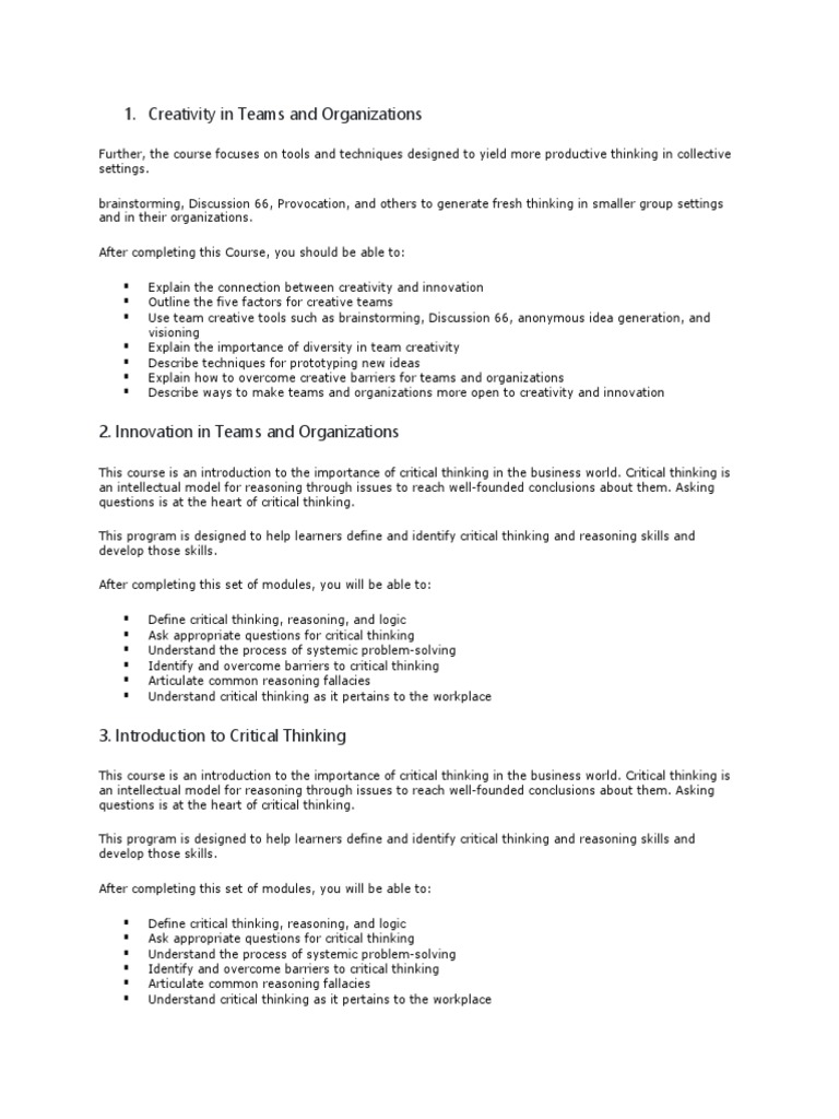 Creativity in Teams and Organization | PDF | Critical Thinking | Creativity