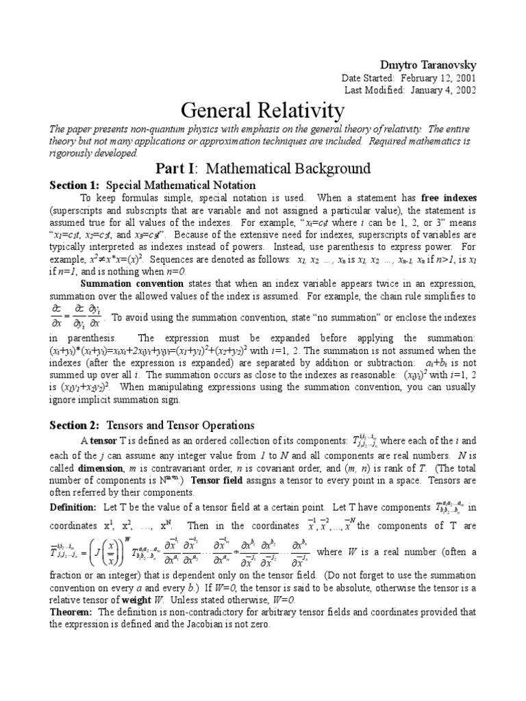 General Relativity: Part I: Mathematical Background | PDF | Tensor | Euclidean Vector