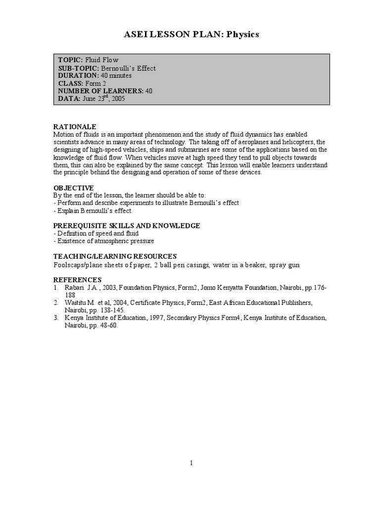 Lesson Plan Physics Bernoulli PDF | PDF | Fluid Dynamics | Learning