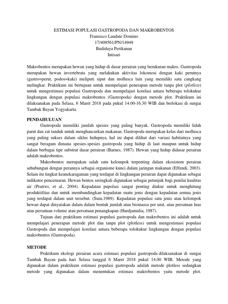 Laporan Praktikum Ekologi Perairan Gastropoda | PDF