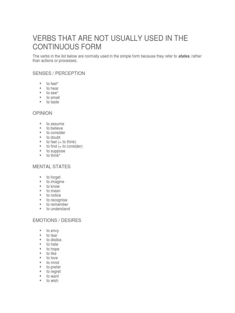 Verbs That Are Not Usually Used in The Continuous Form | PDF | Mental ...