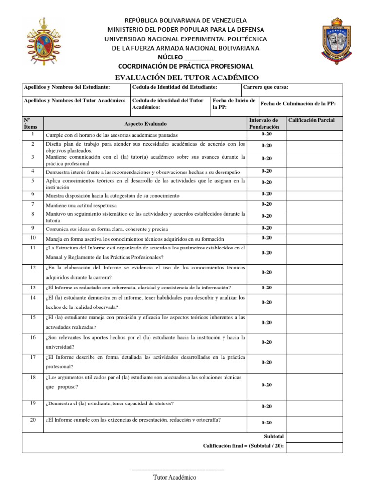 ANEXO E_FORMATO EVALUACION DEL ESTUDIANTE POR EL TUTOR ACADEMICO IMPRIMIR 2.pdf | Evaluación ...