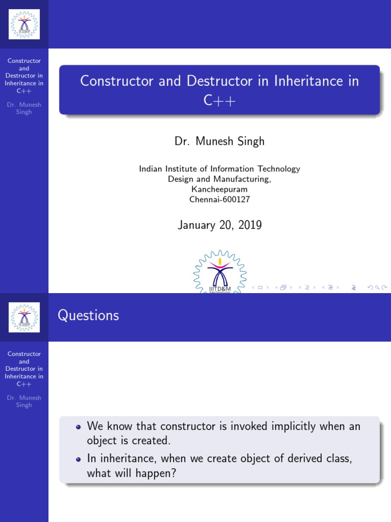Constructor and Destructor in Inheritance in C++: Dr. Munesh Singh ...