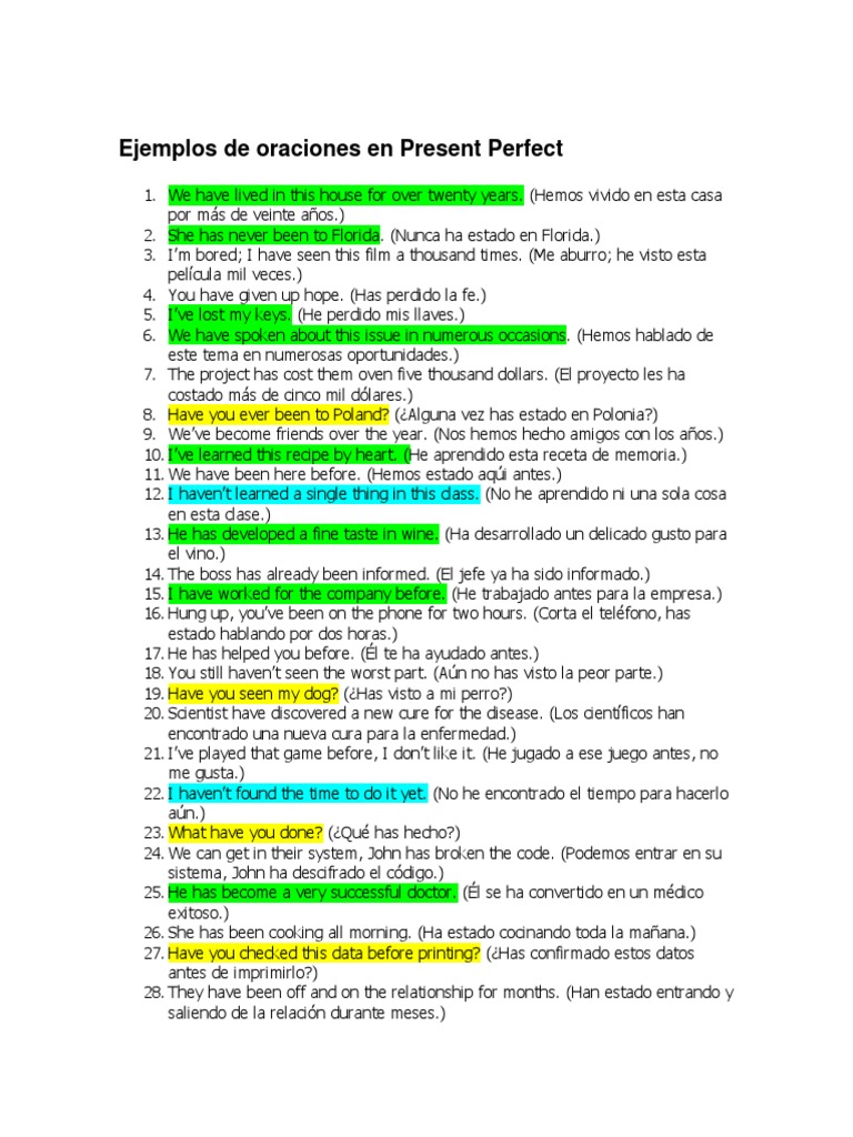 50 Ejemplos de Present Perfect en Inglés | PDF