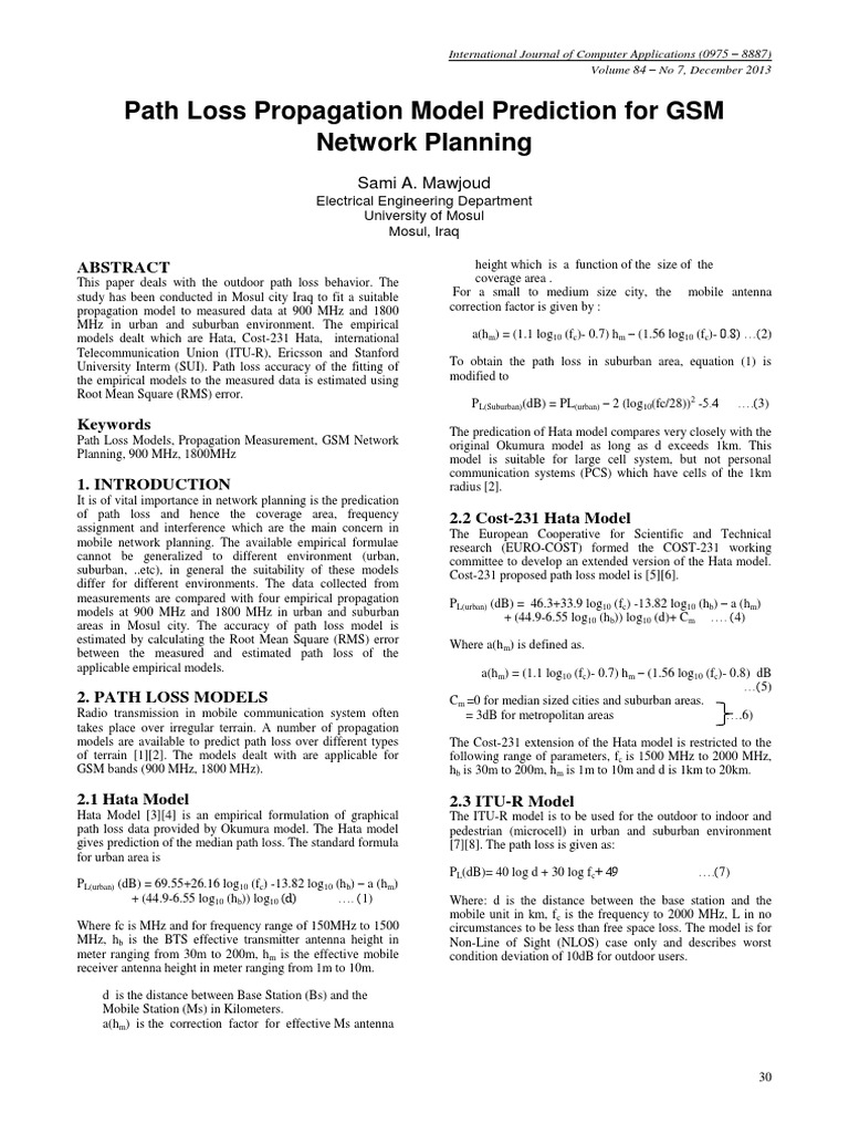 Path Loss Propagation Model Prediction For GSM Network Planning | PDF ...