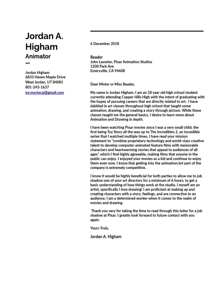 Cover Letter | PDF | Pixar | Animation