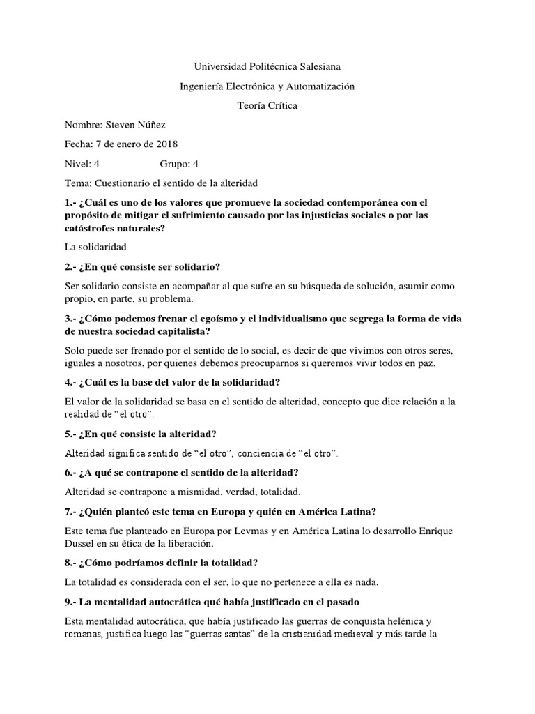 Cuestionario El Sentido de La Alteridad Completo | PDF | Amor | Pobreza