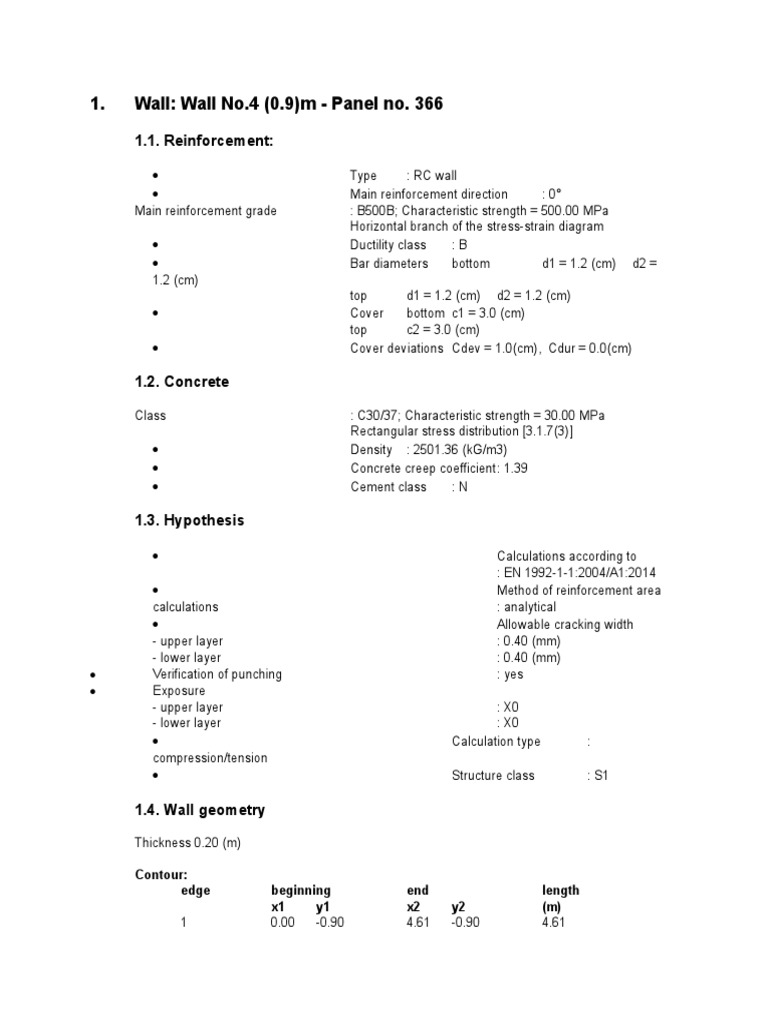 Wall: Wall No.4 (0.9) M - Panel No. 366: 1.1. Reinforcement | PDF ...