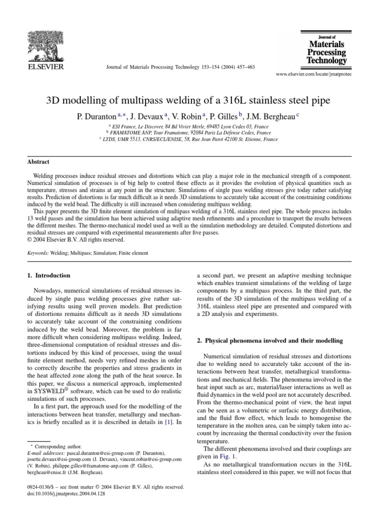 3D Modelling of Multipass Welding of A 316L Stainless Steel Pipe-P. Duranton Et Al-2004 | PDF ...