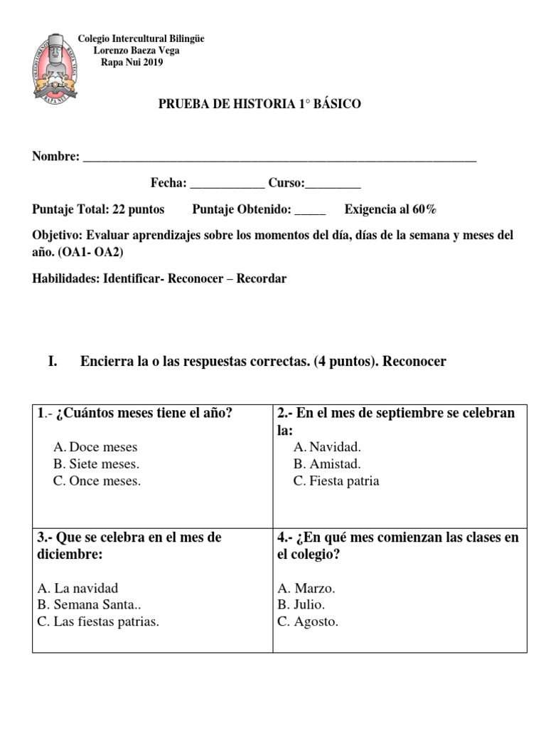 Evaluación de Meses y Días 1° Básico | PDF | Calendario