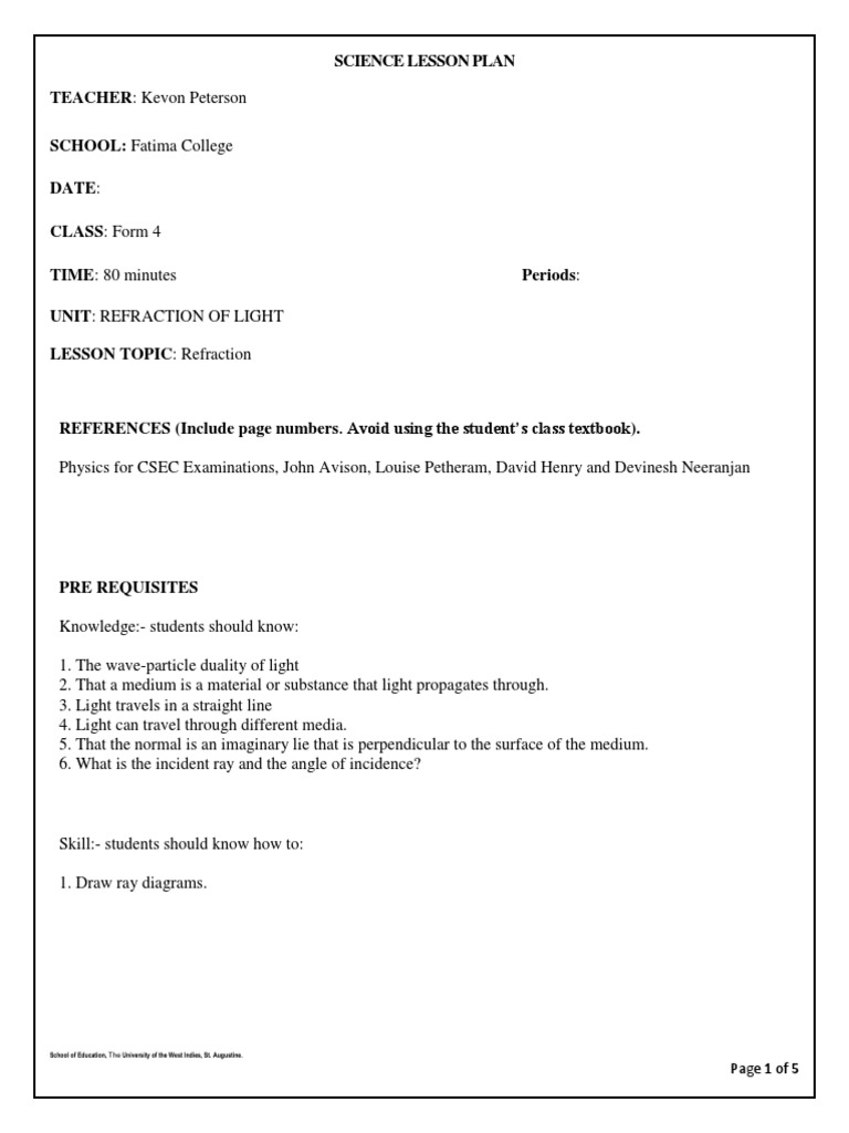 Science Lesson Plan - Refraction Light | PDF | Refraction | Prism
