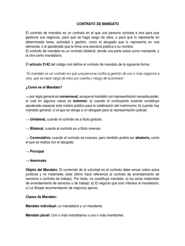 Contrato de Mandato: Definición y Clases | PDF | Instrumento jurídico ...