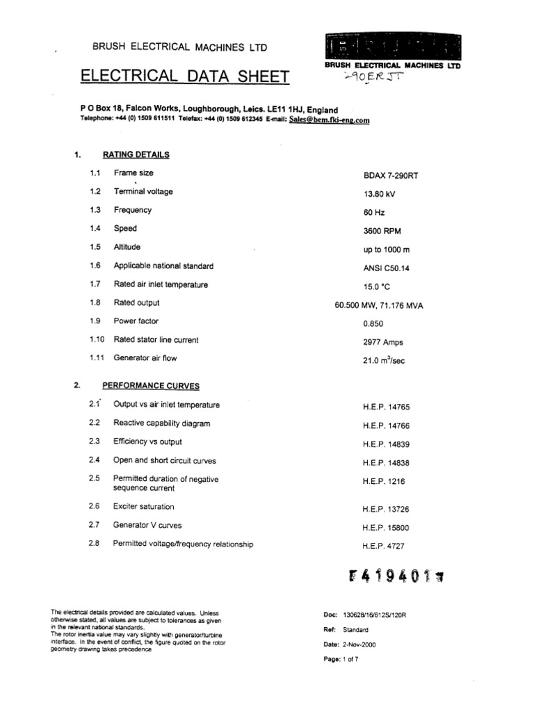 BDAX 7-290ERJT Electrical Data Sheet | PDF