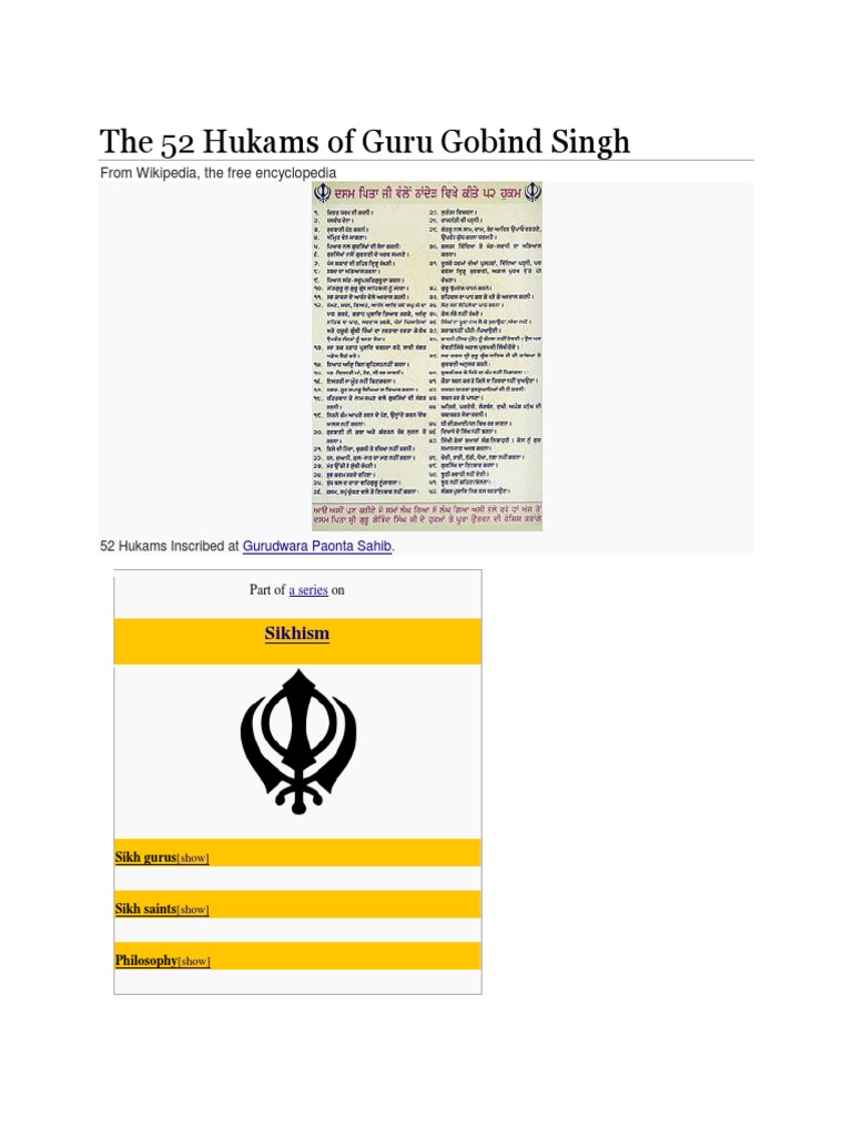 The 52 Hukams of Guru Gobind Singh | PDF | Bhakti Movement | Asian ...