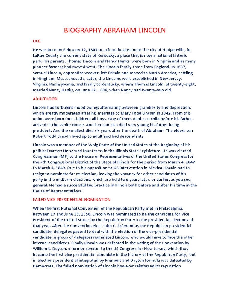 Biography Abraham Lincoln | PDF | John Wilkes Booth | Abraham Lincoln