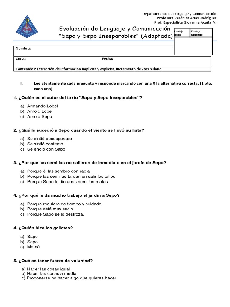Evaluación Sapo y Sepo Inseparables | PDF | Ocio
