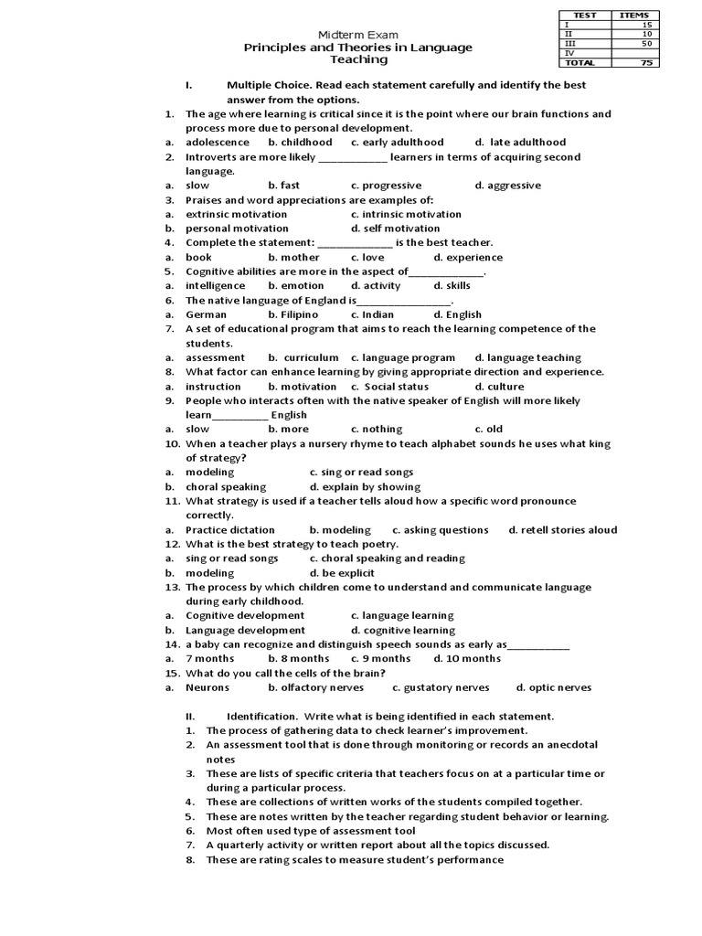 Midterm Exam: Language Teaching Principles | PDF | Motivation ...