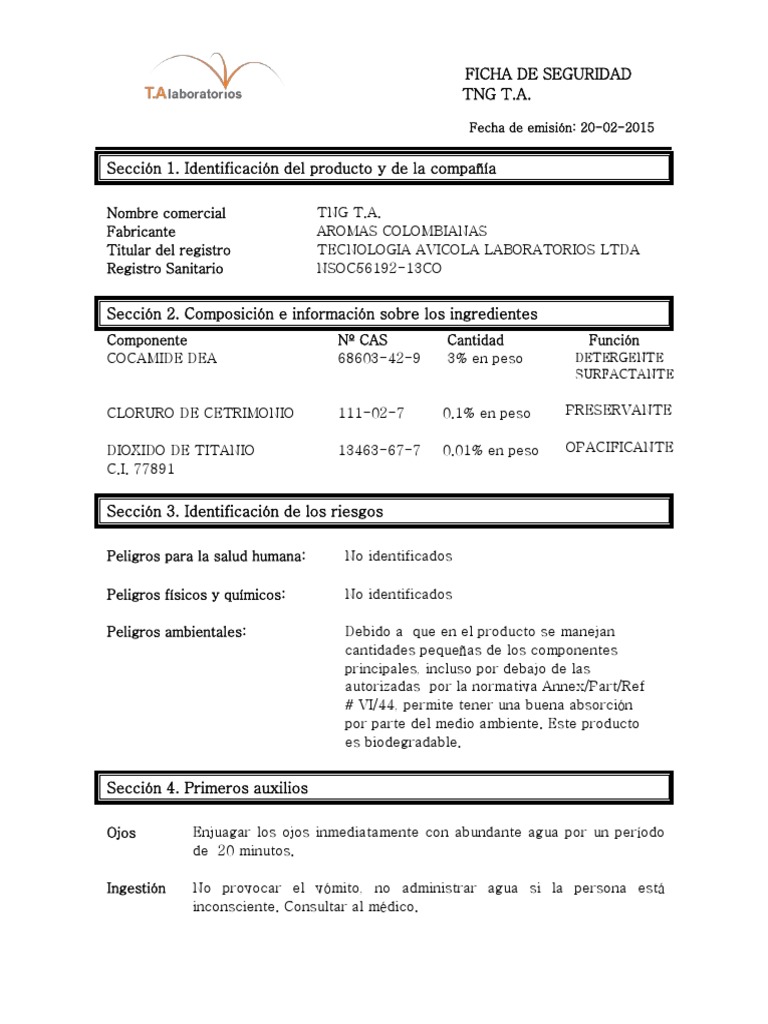 Product Safety Data Sheet for TNG T.A. Liquid Detergent | PDF | Agua ...