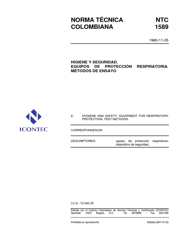 NTC 1589 - 1980 Proteccion Respiratoria Metodos de Ensayo | PDF ...