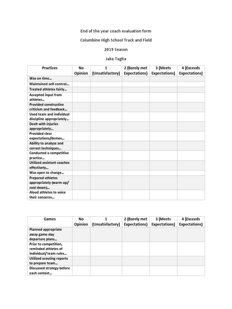 End of The Year Coach Evaluation Form | PDF | Track And Field | Evaluation