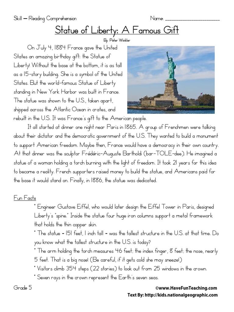 Statue of Liberty: A Famous Gift: Skill - Reading Comprehension Name | PDF